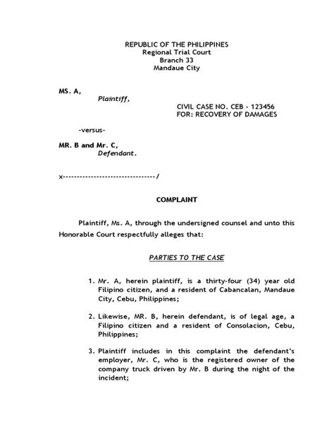 Sample Complaint For Damages Damages Plaintiff