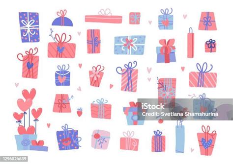 다른 발렌타인 데이 선물의 세트 포장된 선물 상자를 하트로 분리합니다 인사말 카드 템플릿 손으로 그린 플랫 벡터 일러스트레이션 인사장에 대한 스톡 벡터 아트 및 기타 이미지
