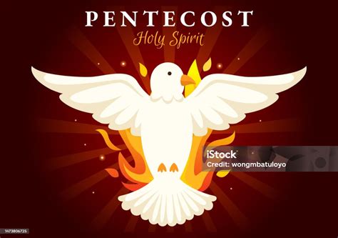 오순절 일요일 불꽃과 성령 비둘기 가톨릭 또는 기독교 종교 문화 휴일 플랫 만화 손으로 그린 템플릿 공휴일에 대한 스톡 벡터