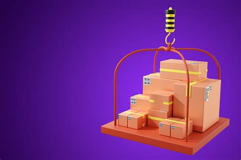 택배 상자 여러 상자가 후크에 걸려 있습니다 텍스트의 위치 택배 사업 보라색으로 공간을 복사합니다 광고 택배 회사를 위한 풍경 배달 서비스 배너 템플릿입니다 3d 렌더링