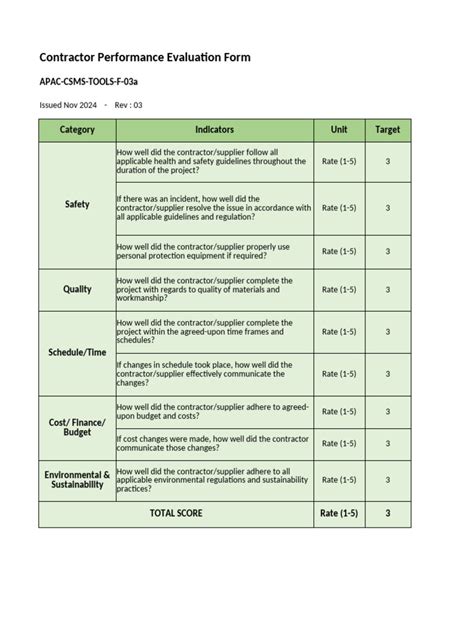 Apac Csms Tools F 03 Contractor Performance Evaluation Form Rev03 Pdf Performance