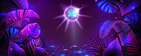 형광 열대 잎을 가진 디스코 볼 그림 자연 개념 여름 파티 포스터 벡터 일러스트 레이 션 계절에 대한 스톡 벡터 아트 및 기타