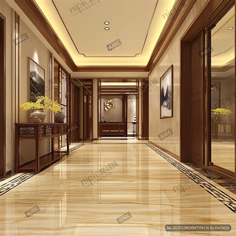 Ai创作图走廊 家居 装修 瓷砖 吊顶 挂画 摆件 柜子 灯光 装饰 石材 镜面 植物 边框 色调 昵图网