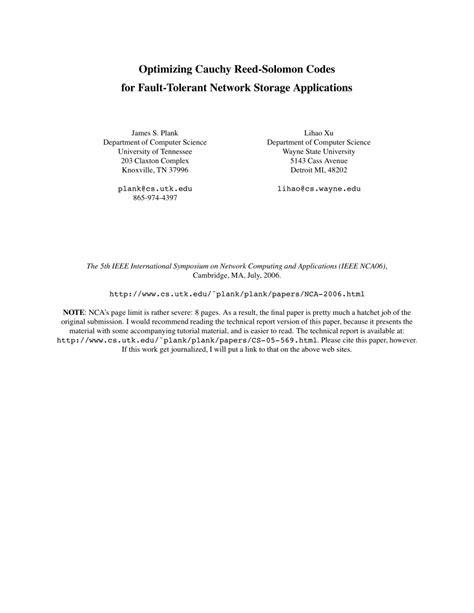 Pdf Optimizing Cauchy Reed Solomon Codes For Fault Tolerant Network Storage Applications