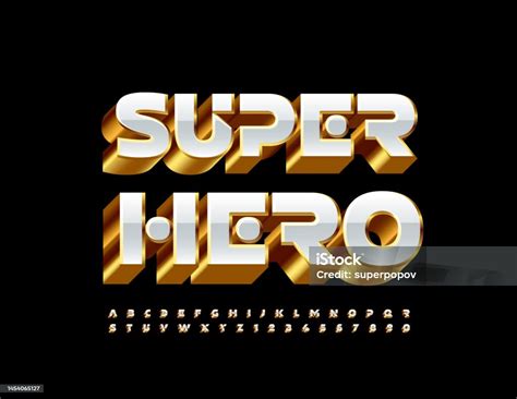 벡터 세련 된 엠블럼 슈퍼 영웅입니다 흰색과 금색 3d 알파벳 문자와 숫자 세트 금 금속에 대한 스톡 벡터 아트 및 기타 이미지