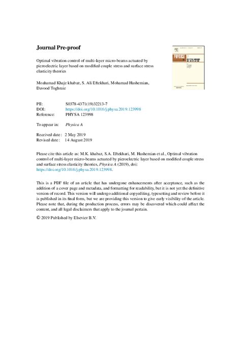 Pdf Optimal Vibration Control Of Multi Layer Micro Beams Actuated By Piezoelectric Layer Based