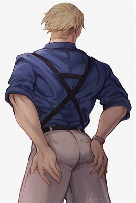 Safebooru Boy Ass Blonde Hair Blue Shirt Cowboy Shot From Behind Grey Pants Hand On Own Ass