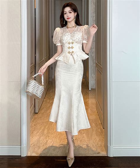 얼루어걸 차이나 퍼프 소매 하이웨스트 머메이드 원피스