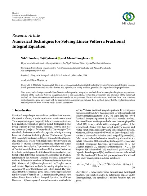 PDF Numerical Techniques For Solving Linear Volterra Fractional Integral Equation