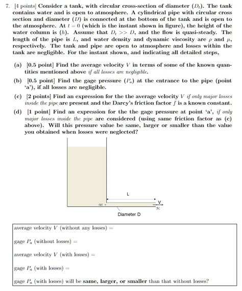 Solved 4 Points Consider Tank With Circular Cross Section Of Diameter D The Tank Contains