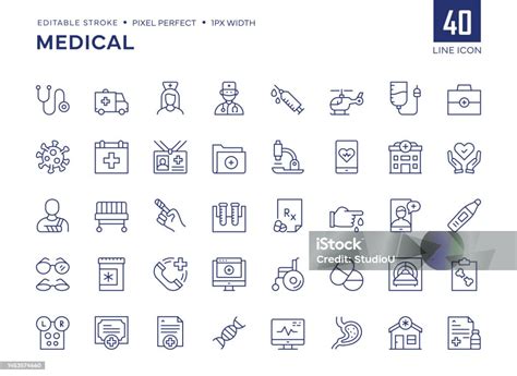 의료 라인 아이콘 세트에는 청진기 구급차 간호사 의사 주사기 혈청 응급 처치 키트 등의 아이콘이 포함되어 있습니다 아이콘에 대한
