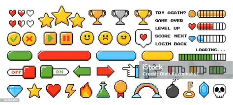 픽셀 게임 요소 그래픽 8비트 아케이드 게임 버튼 막대 및 기호 게임 레벨 메뉴 및 아이콘 디지털 픽셀 하트 시작 트로피 폭탄 및 왕관 벡터 세트 0명에 대한 스톡 벡터