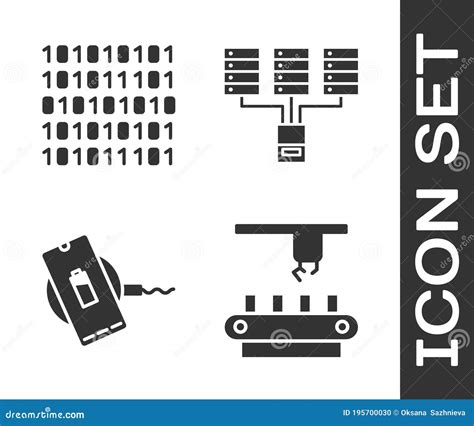 Set Factory Conveyor System Belt Binary Code Wireless Charger And Server Data Web Hosting