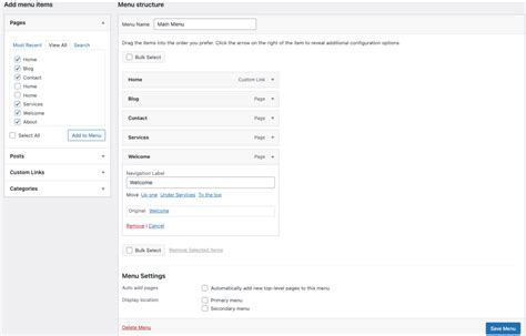 Appearance Menus Screen Documentation WordPress Org