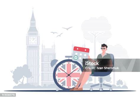 영어 학습의 개념 남자 표시된 날짜와 시계가있는 달력 트렌디 한 평면 스타일 벡터 일러스트레이션 감정에 대한 스톡 벡터 아트 및 기타 이미지 Istock