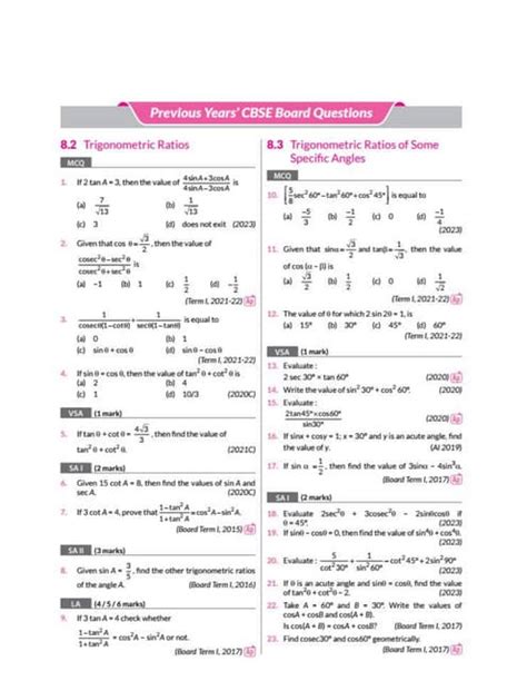 Pyq Cbse Class 10th Trigonometry With Solutions Pdf