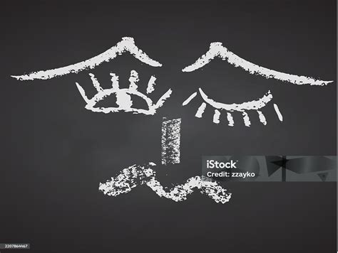 재미 있는 광대 사각형 이모티콘 얼굴 검은 칠판에 만화 아바타 다양한 감정을 보여주는 웃는 캐릭터 화이트 분필 손으로 그린 컬렉션 낙서 벡터 일러스트 레이 션 감정에 대한