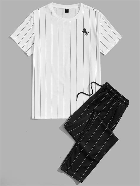 Shein للرجال مخطط مع طباعة وحيد القرن تي شيرت مع رباط خصر بنطلون