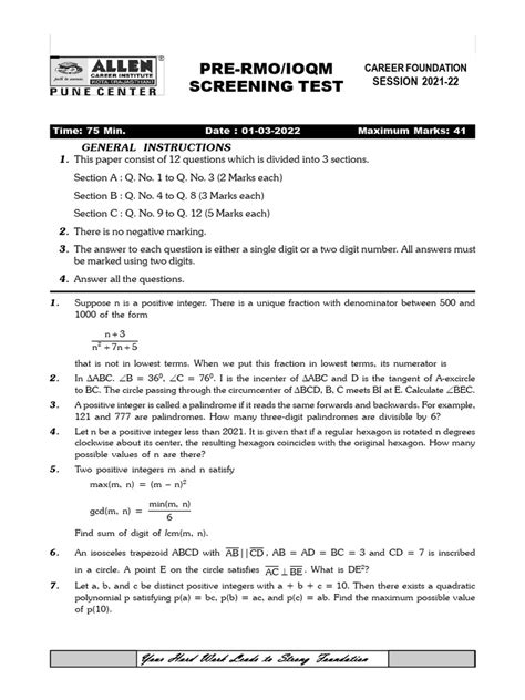 0103 Ioqm Class 8th To 10th Mock Test 2 Final Paper Pdf Discrete Mathematics Abstract Algebra