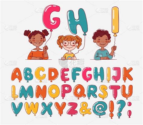 儿童 女孩 幸福 男孩 矢量 字母 卡通 乐趣 气球 多种族素材 花瓣网
