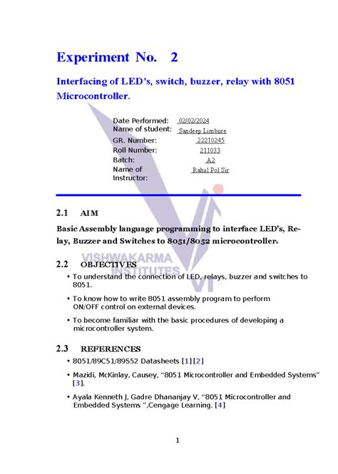 Mca Exp 2 Experiment No 2 Interfacing Of Leds Switch Buzzer
