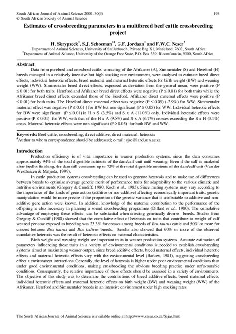 Pdf Estimates Of Crossbreeding Parameters In A Multibreed Beef Cattle