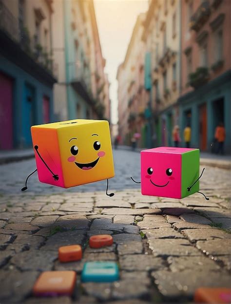 Premium Photo Cute Colorful Cubes Bouncing On The Ground Smiling While Their Arms And Legs