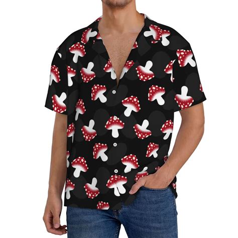 Qokaie Cartoon Mushroom Print Mens Casual Wrinkle Free Shirts Short