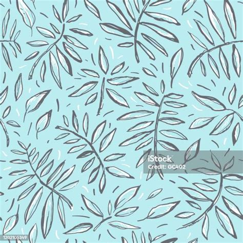 파란색 색상의 잎이있는 원활한 열대 손 그린 벡터 스케치 패턴 검은색에 대한 스톡 벡터 아트 및 기타 이미지 검은색 계절 그리기 Istock
