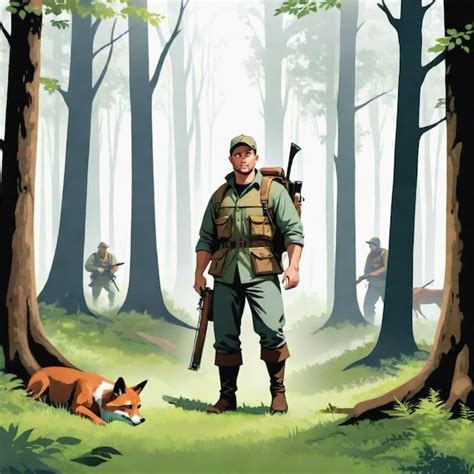 Hunters In A Forest Clearing Vector Set White Background Isolated