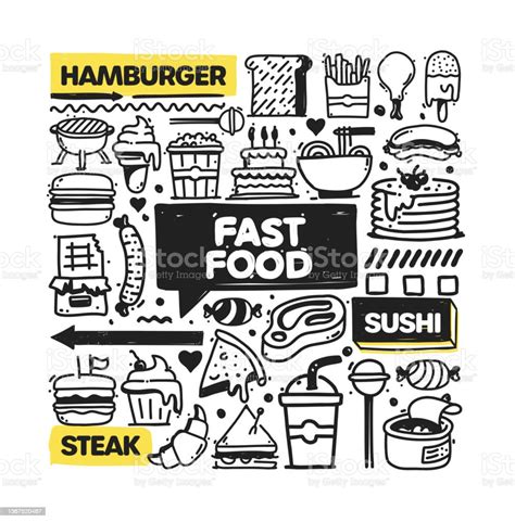 패스트 푸드 개체 및 요소 벡터 낙서 일러스트 컬렉션입니다 손으로 그린 아이콘 세트 또는 배너 템플릿 Steakhouse에 대한 스톡 벡터 아트 및 기타 이미지 Istock