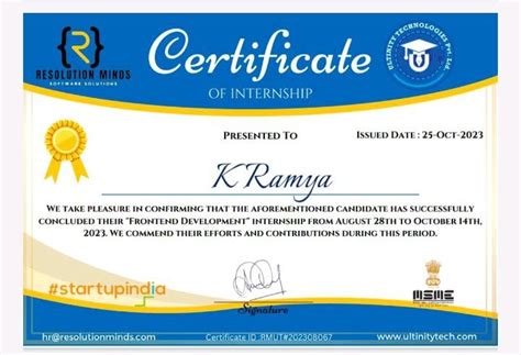 i got a certificate for resolutionminds platform for frontend… ramya