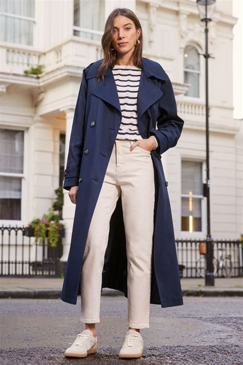 Love And Roses Classic Belted Trench Coat In 2024 Navy Blue Coat Outfit