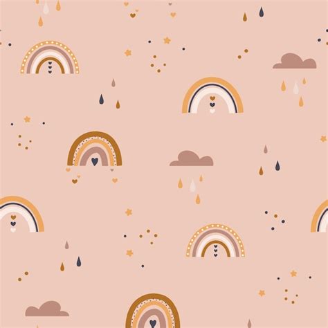 귀여운 Boho 무지개 원활한 패턴 직물 포장 섬유 벽지 의류 벡터 디지털 종이에 대 한 크리에이 티브 유치 한 인쇄 프리미엄 벡터
