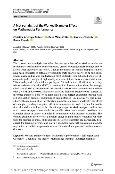 A Meta Analysis Of The Worked Examples Effect On Mathematics