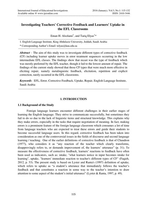 Pdf Investigating Teachers Corrective Feedback And Learners Uptake