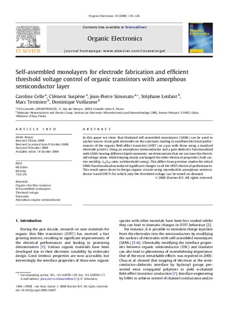 Pdf Self Assembled Monolayers For Electrode Fabrication And Efficient Threshold Voltage
