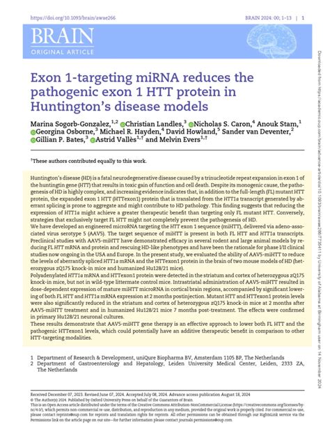 Exon 1 Targeting Mirna Reduces The Pathogenic Exon 1 Htt Protein In Huntingtons Disease Models