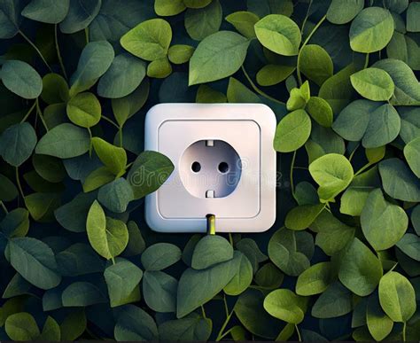 Green Electric Power Socket With Fresh Leaves Renewable And Saving