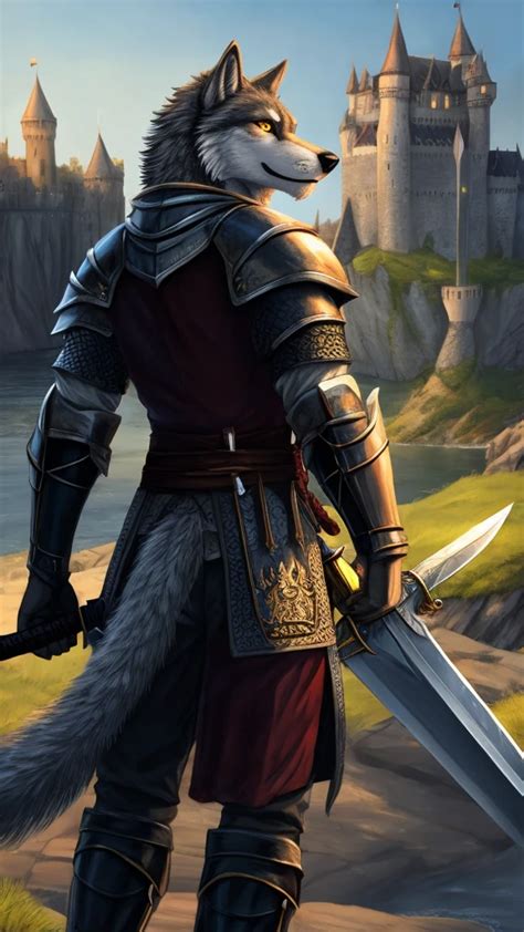 Furry Male Wolf Wearing The Black Knight Island Outfit In Hand