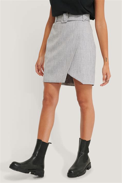 Belted Overlap Mini Skirt Grey Na