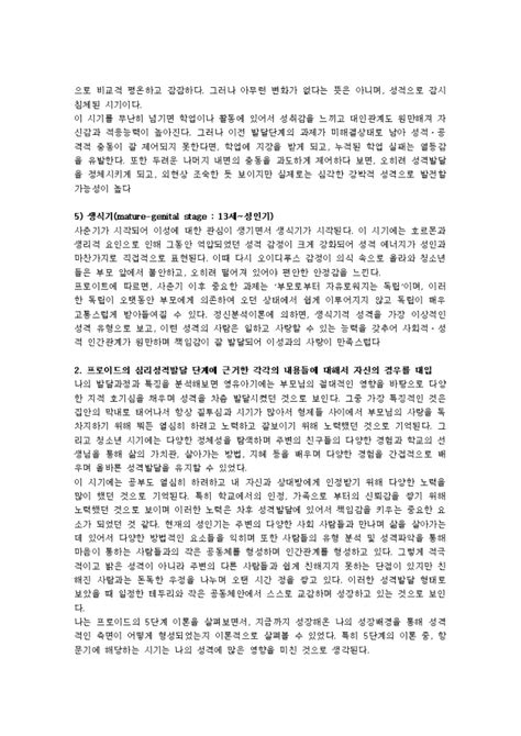 프로이트의 심리성적 발달이론에 대해서 구체적으로 기술하고 각각의 내용들에 대해서 자신의 경우를 대입하여 기술해 보시오