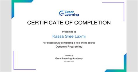 Dynamic Programing Course Completion Certificate For Kassa Sree Laxmi Kassa Sree Laxmi