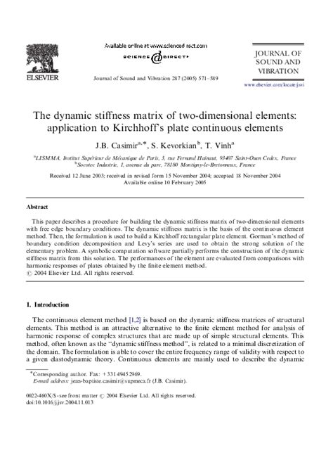 Pdf The Dynamic Stiffness Matrix Of Two Dimensional Elements Application To Kirchhoffs Plate