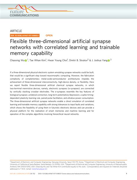 Pdf Flexible Three Dimensional Artificial Synapse Networks With Correlated Learning And