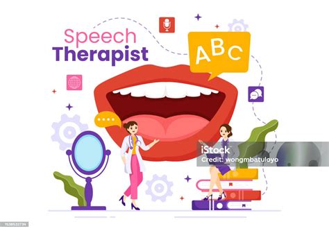 언어 치료사 벡터 일러스트레이션은 플랫 만화 손으로 그린 템플릿에서 기본 언어 능력과 조음 문제를 훈련하는 사람들과 함께 언어치료에 대한 스톡 벡터 아트 및 기타 이미지