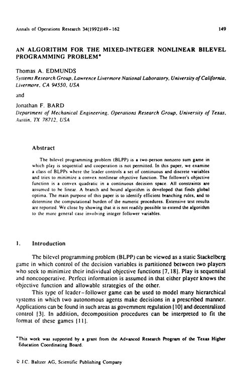 Pdf An Algorithm For The Mixed Integer Nonlinear Bilevel Programming