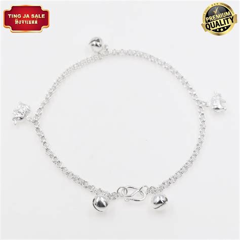 สร้อยข้อเท้าเงิน ลายห่วงคู่ประดับกระพรวนสลับจี้รูปช้าง น้ำหนัก 1 บาท ยาว 9 นิ้ว ชุบเงินแท้ 925