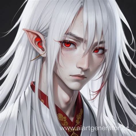 Mysterious Asian Man With Striking White Hair And Red Highlights Ai Art Generator
