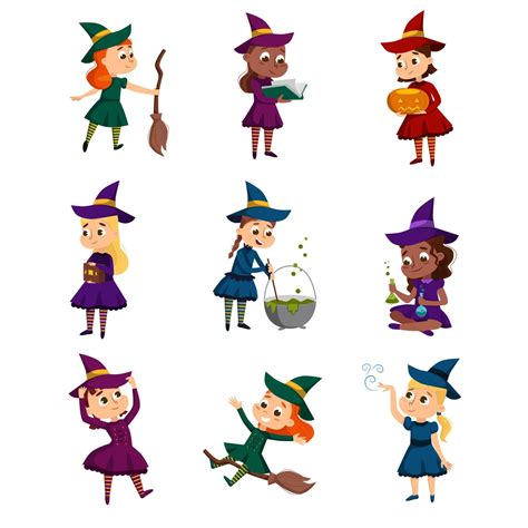 Little Witches Set Cute Girls Wearing Dress And Hat Practicing